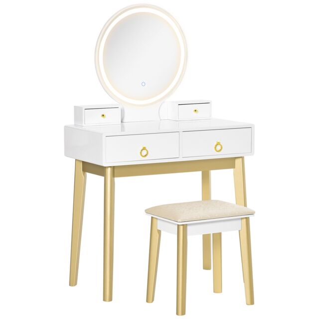 HOMCOM Dressing Table Set with Mirror, Built-in 3 Color LED Light ...