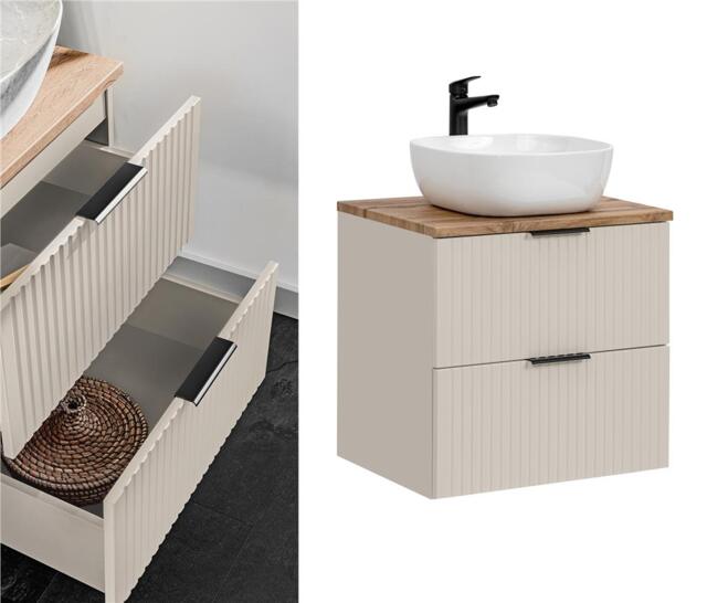 Countertop Vanity Unit with Sink Basin Bathroom Wall Hung Fluted Beige ...