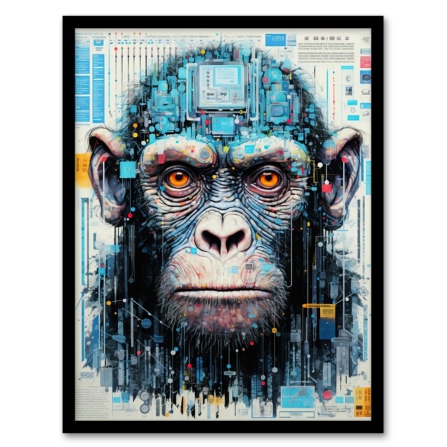 Robot Chimp Monkey Sci-Fi Blueprint Futuristic Black Framed Wall Art ...