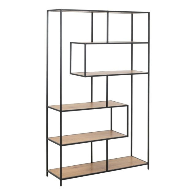 Seaford Black Metal Large Asymmetrical Bookcase With 5 Oak Shelves by ...