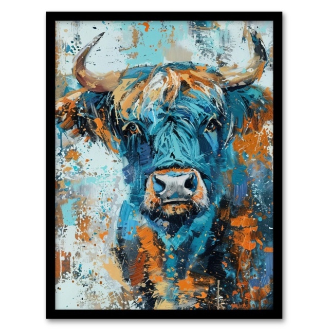 Highland Cow Oil Scottish Animal Living Room Cow Black Framed Wall Art ...