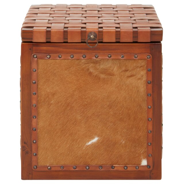 Storage stool with metallic stud trim,teak wood seat with hair-on ...