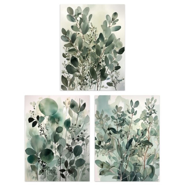 Set of 3 Botanical Plants Watercolour Eucalyptus Leaves Boho Wall Art ...