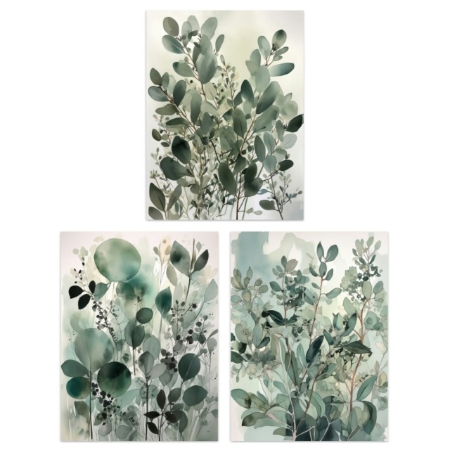 Set Of 3 Botanical Plants Watercolour Eucalyptus Leaves Boho Wall Art ...