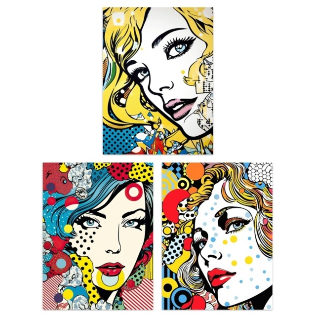 Set Of 3 Pop Art Women Faces Comic Book Style Portraits Patterns Wall ...