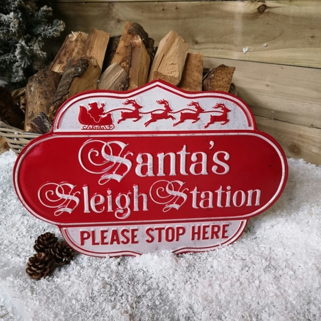 51Cm Red And White Metal Christmas Santa Sleigh Station Sign by Tesco ...