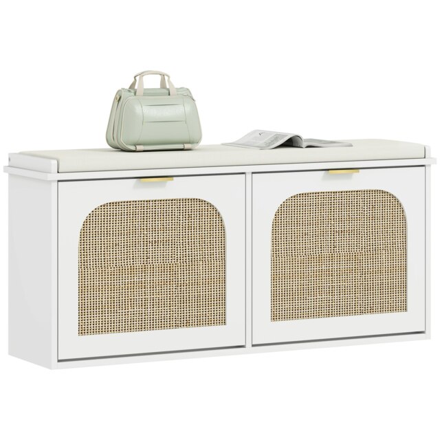 Homcom boho shoe bench with padded seat and 2 flip-drawers white by ...