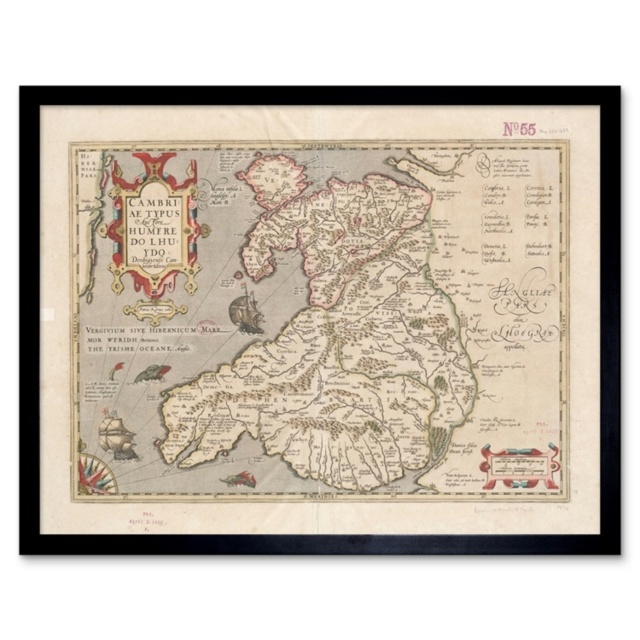 "Hondius 1633 Welsh Latin Early Map Wales Cymru 12X16"" Framed Wall Art ...