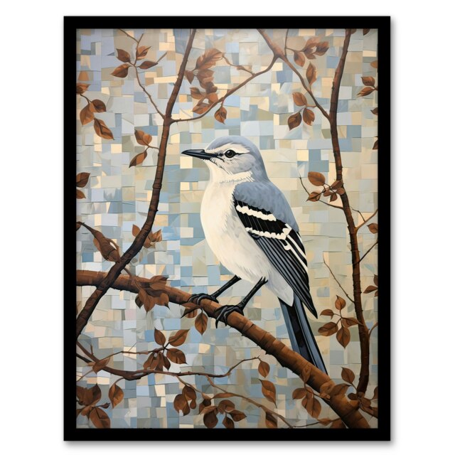 Mosaic Mockingbird On Autumn Tree Branch Black Framed Wall Art Print A4 ...