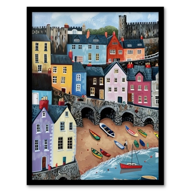 Harbour Beach Colourful Coastal Tenby Black Framed Wall Art Print A4 by ...