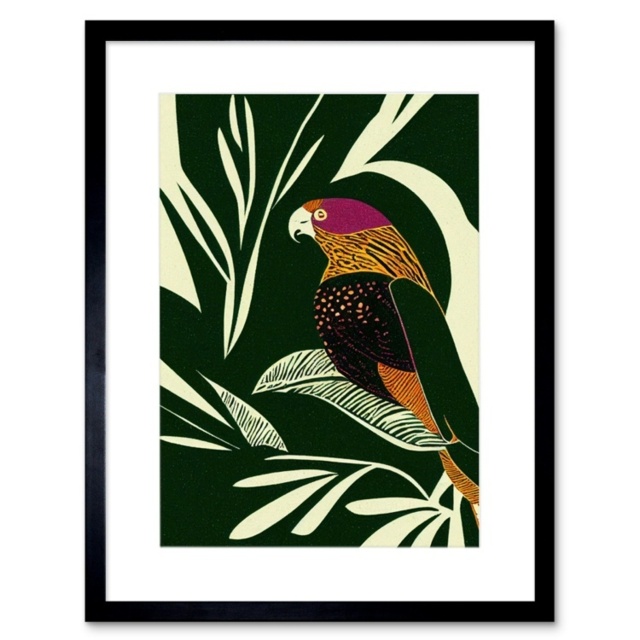 "Green Cream Tropical Plant Leaves Hawk Vintage 9X7"" Black Framed Wall ...