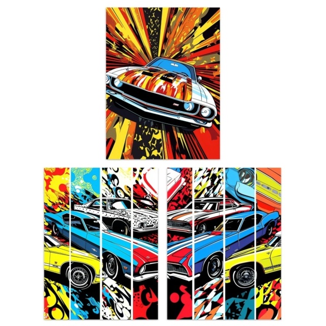 Set Of 3 Vibrant Muscle Sports Cars Comic Strip Yellow Red Blue Wall ...