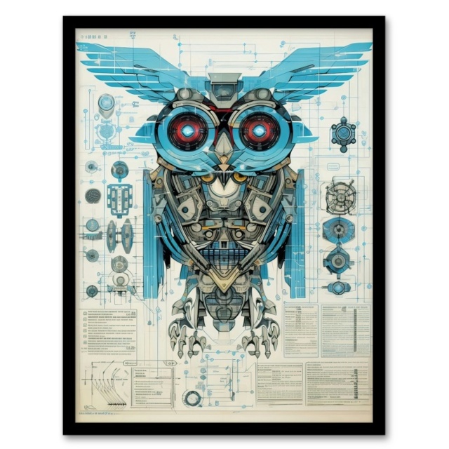 Owl Robot Blueprint Sci-Fi Diagram Engineering Black Framed Wall Art ...
