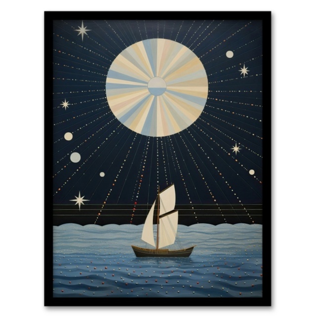 Sailing Into Moonlight Boat Full Moon Home Decor Black Framed Wall Art ...
