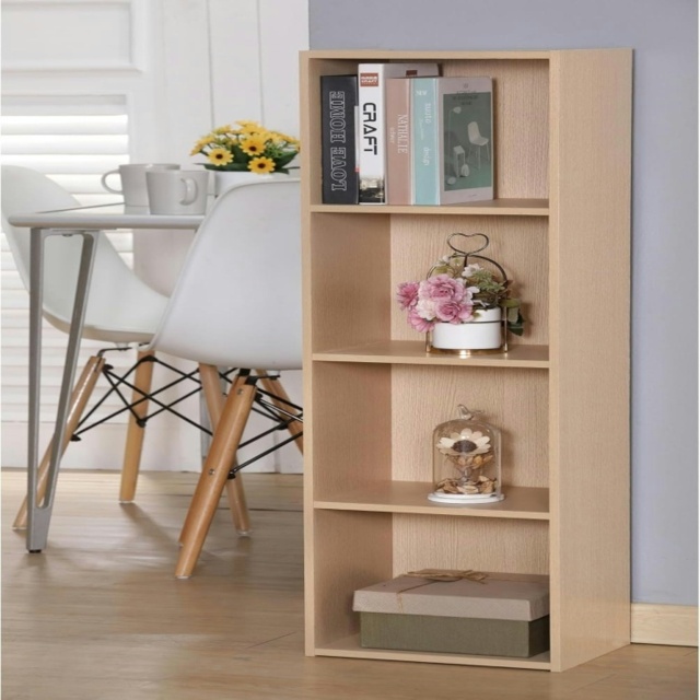 4 Cube Bookshelf Beech Tall Wooden Storage Organiser Wood Shelving Unit ...