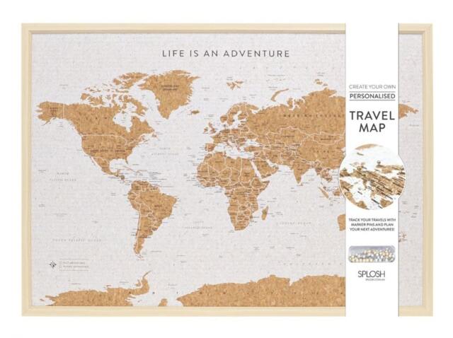 Splosh travel map cork board world large light wood brown light wood ...