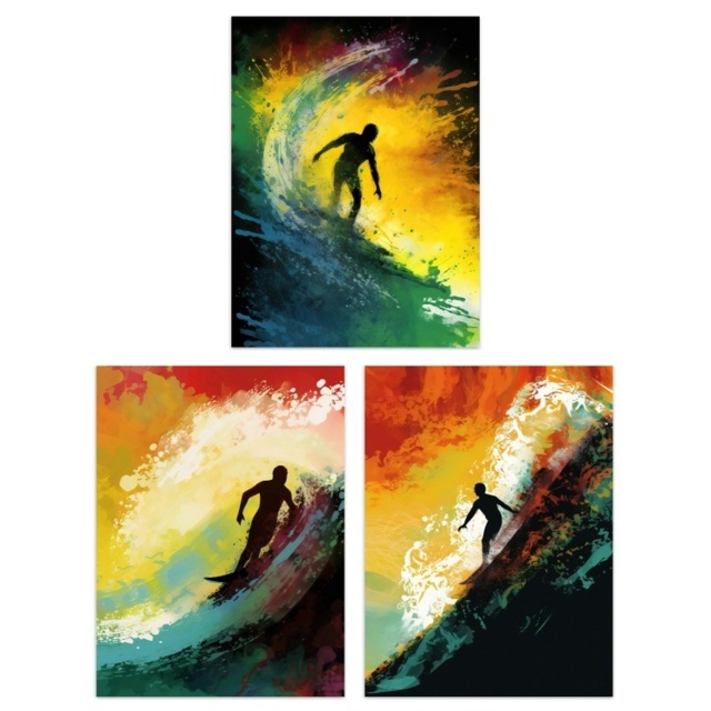 Set Of 3 Surfing At Sunset Paintings Bright Action Seascape Home Decor ...