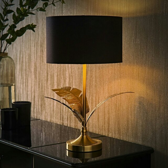 ValueLights Christina Black with Metallic Gold Drum Shade Gold Palm ...