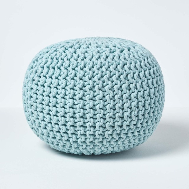 Homescapes Pastel Blue Round Cotton Knitted Pouffe Footstool - 35 x 40 ...