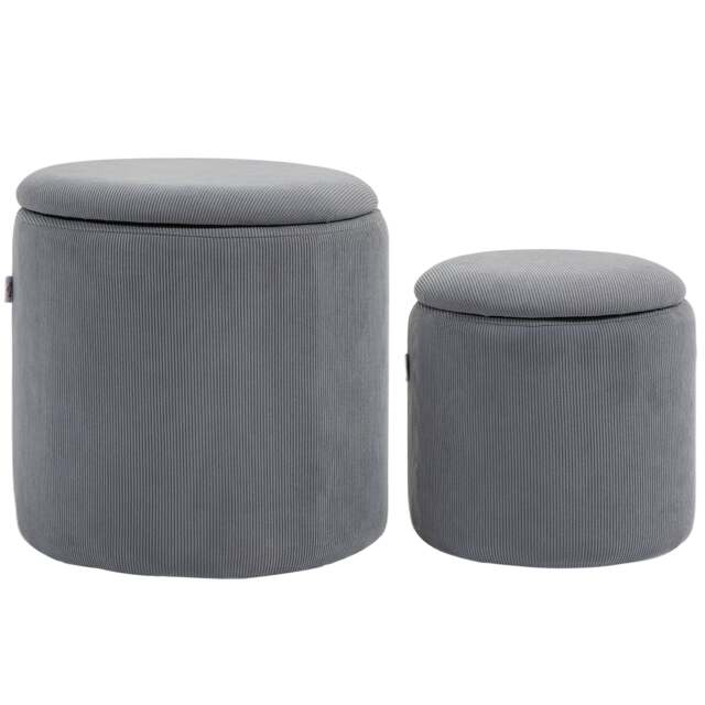 HOMCOM Set of 2 Round Ottoman with Storage, Fabric Vanity Stool for ...