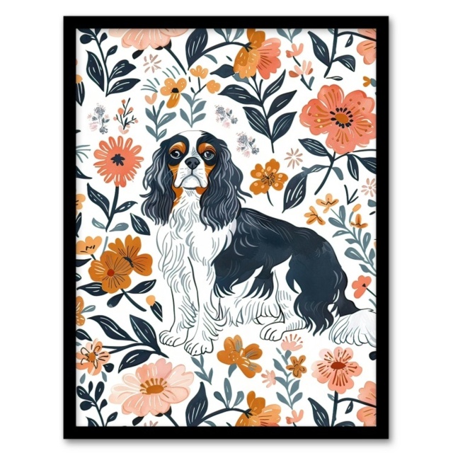 Cavalier King Charles Spaniel In Floral Pattern Black Framed Wall Art ...