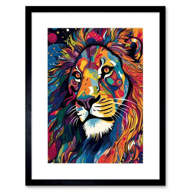 "King of jungle lion head psychedelic folk art portrait 9x7"" black ...