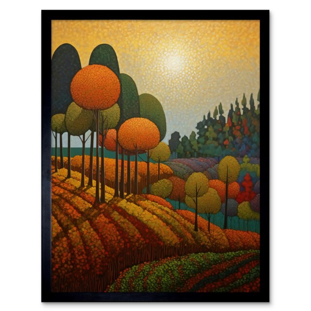 Autumn Fields Pointillism Amber Orange Green Countryside Framed Wall ...