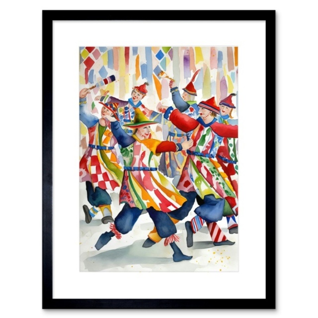 "Morris Dancers Dancing Folk Art Watercolour Painting 9X7"" Black Framed Wall Art Print" by ...