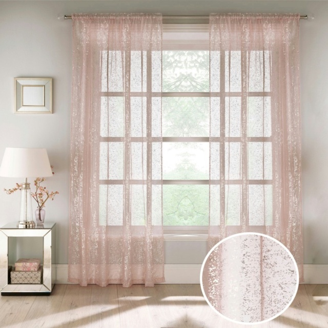 Pair Of Pandora Blush Metallic Print Voile Panels 137 Cm (54 Inch) Rod ...