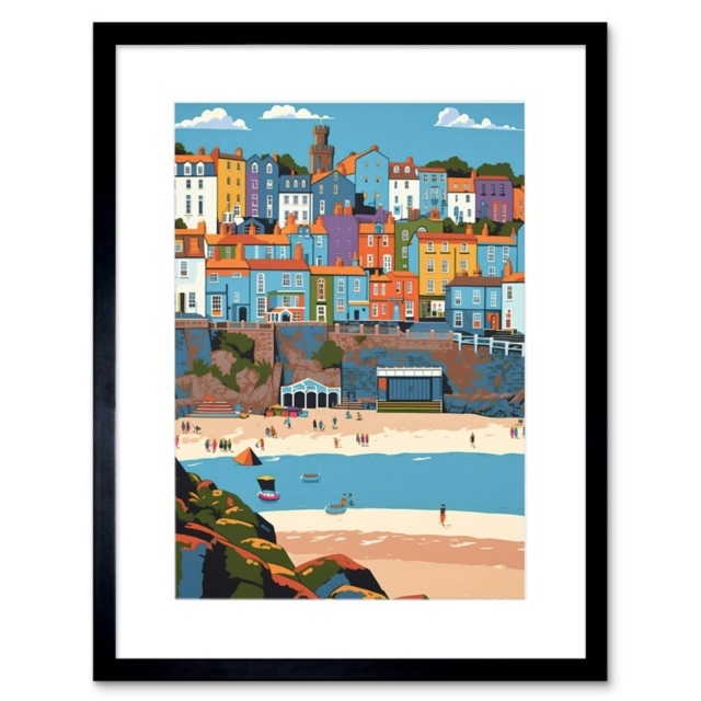 "Tenby Castle Beach Wales Colourful Townscape 9X7"" Black Framed Wall ...