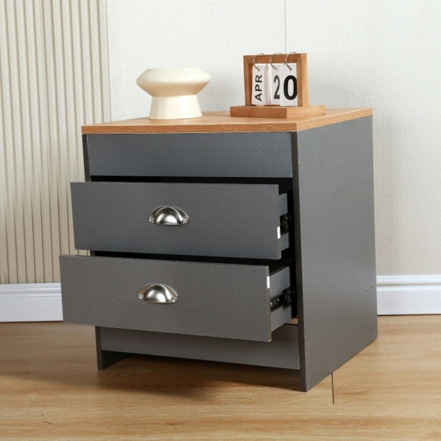 2 Drawer Bedside Table Grey And Pine Wooden Oak Storage Organiser For ...