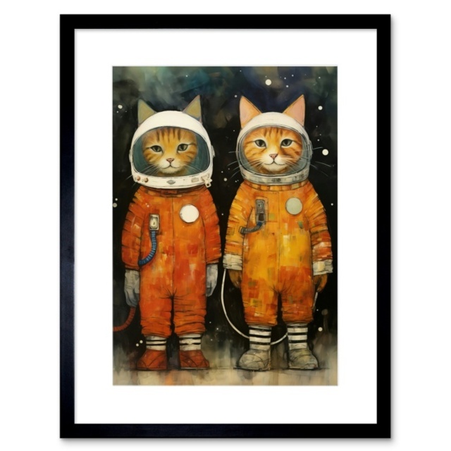 "Cosmic Astronaut Cats Outer Space Moonwalk 9X7"" Black Framed Wall Art ...