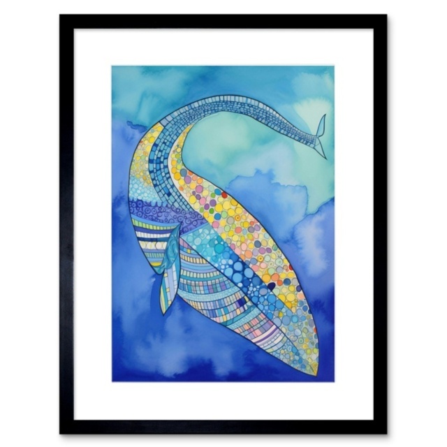 "Blue Whale Colourful Patterns Folk Art Watercolour 9X7"" Black Framed ...