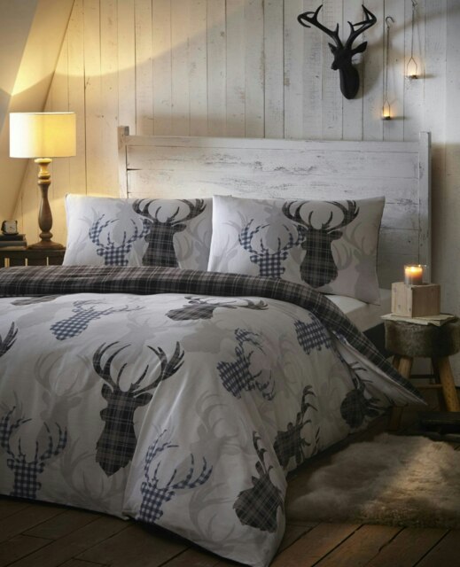 Portfolio Home Tartan Stag Check Silver Grey Animal Stag Quilt Duvet ...