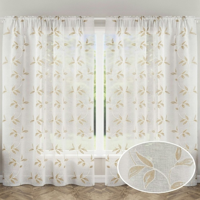 Pair Of Oasis Natural Embroidered Leaf Pattern Voile Panels 122 Cm (48 ...