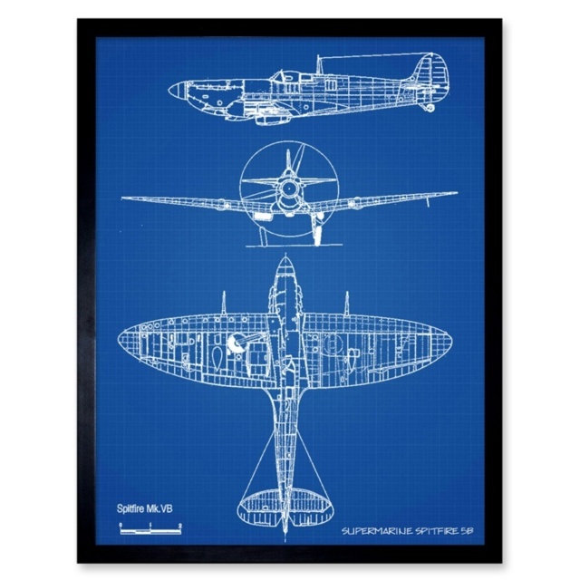 "Supermarine Spitfire 5B Fighter Plane Blue Plan 12X16"" Framed Wall ...