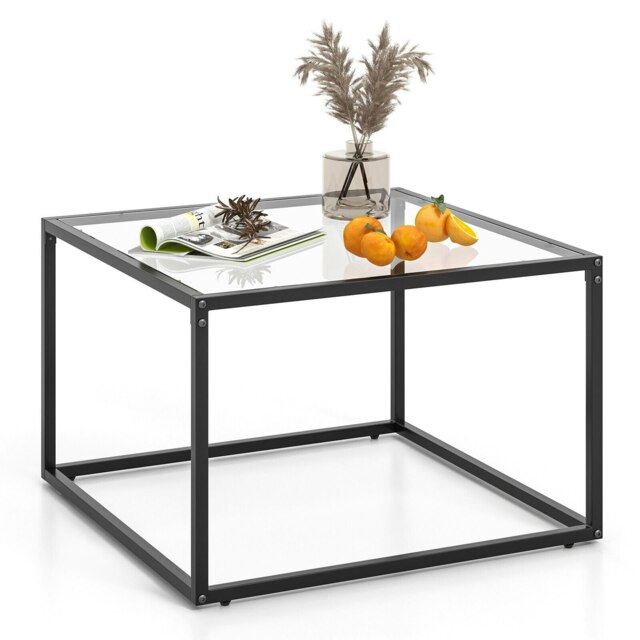 Costway tempered glass top coffee table accent side table black by ...