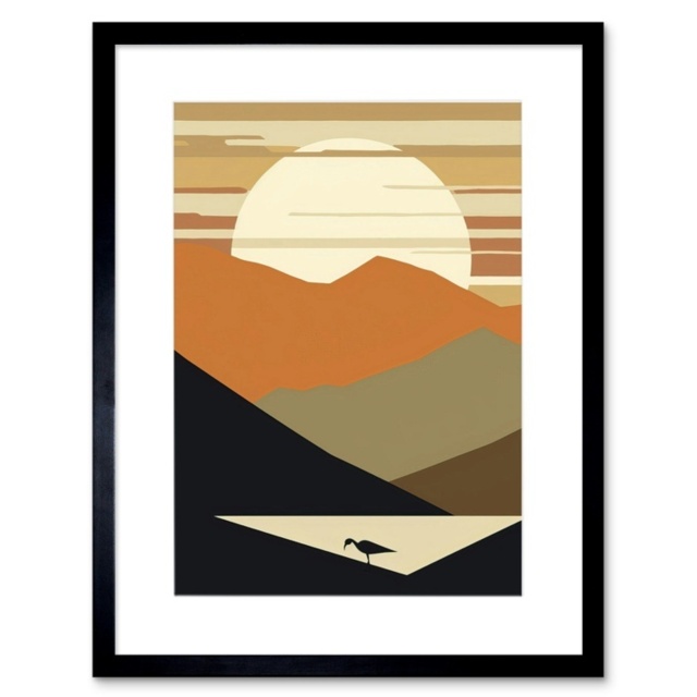 "Lakeside Mountain Sunset Boho Abstract Landscape 9X7"" Black Framed ...