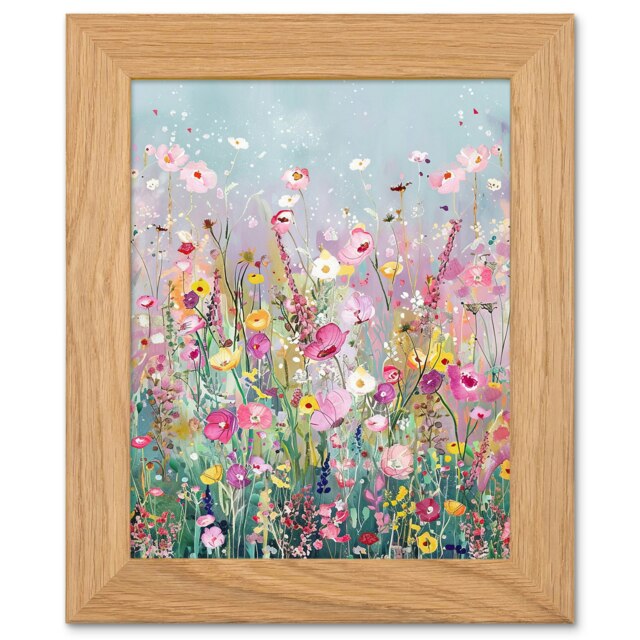 Delicate wildflower field floral art oak wood framed wall print by ...