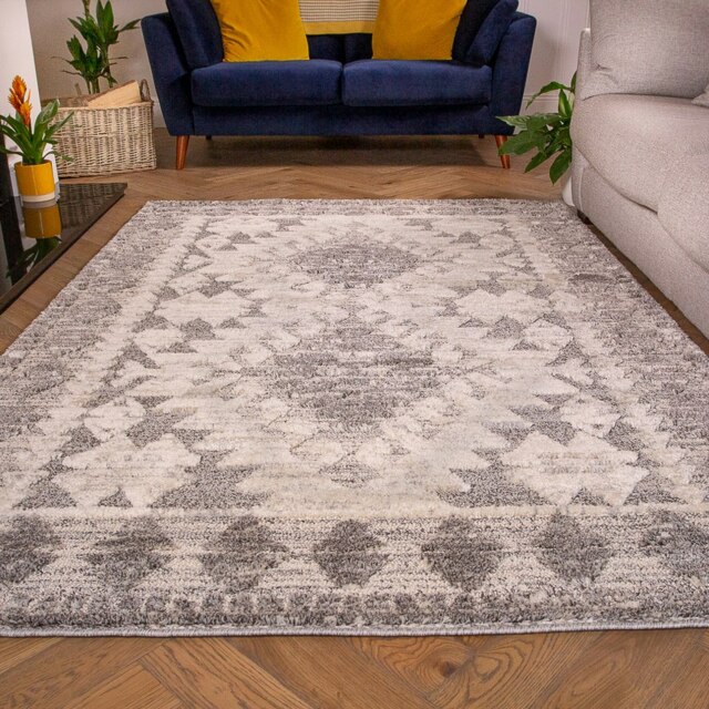 KUKOON Grey Cream Geometric Loop Pile Living Room Area Rug 120cm x ...