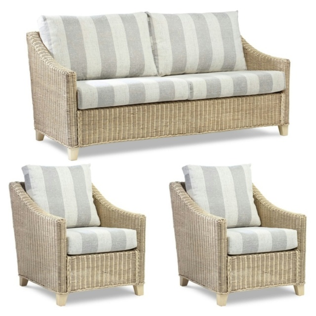 Desser Dijon Natural 3 Seater Rattan Sofa Set In Athena Stripe ...