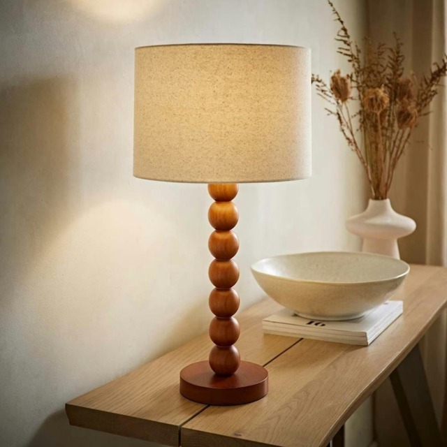 ValueLights Wyatt Natural Linen Drum Lamp Shade Walnut Wood Bobbin ...