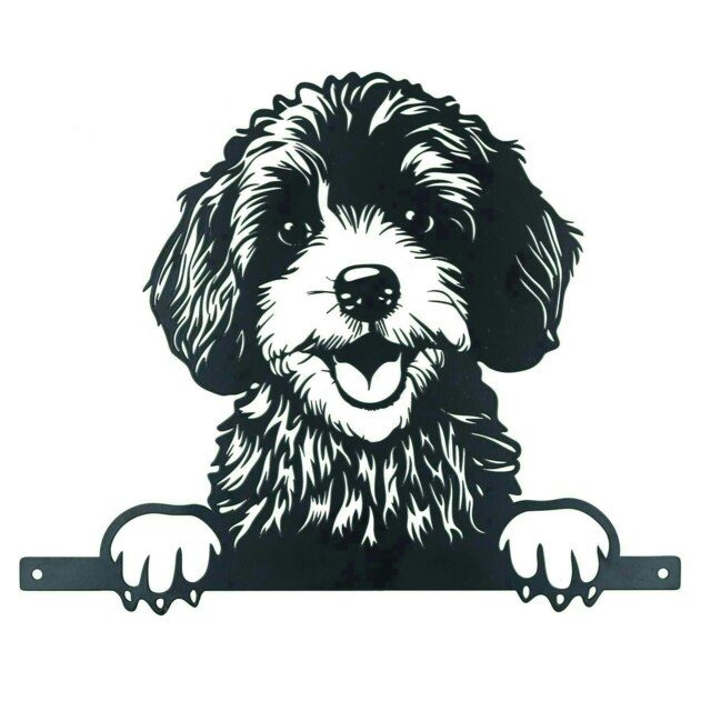 Black metal peeking cockapoo silhouette with fixing plate garden ...