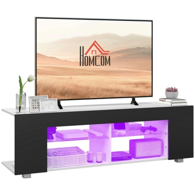 Homcom Tv Stand 145Cm Tv Unit With Glass Shelves Rgb Led Light Black by ...