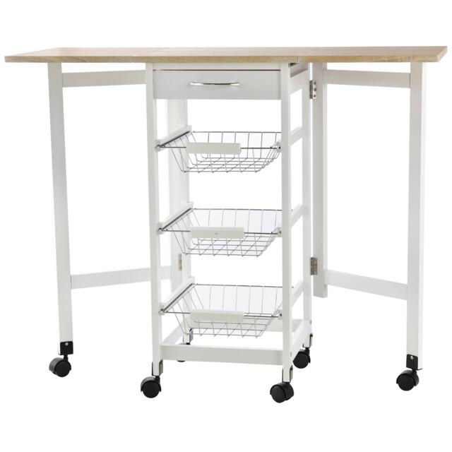 HOMCOM Drop-Leaf Kitchen Cart Trolley w 3 Baskets Drawer Surface Top 6 ...