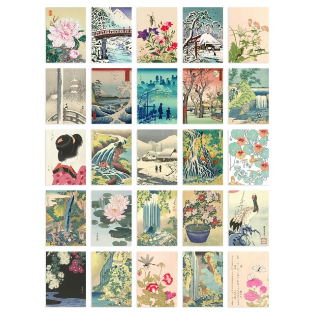 Japanese aesthetic ukiyo-e woodblock wall art set of 50 unframed a6 ...