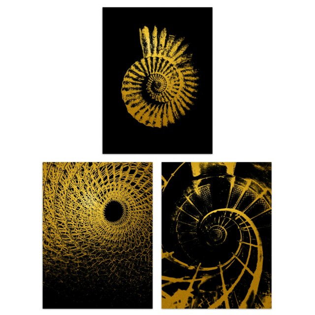 Set Of 3 Abstract Spiral Shapes Shell Staircase Gold Effect Black Home ...