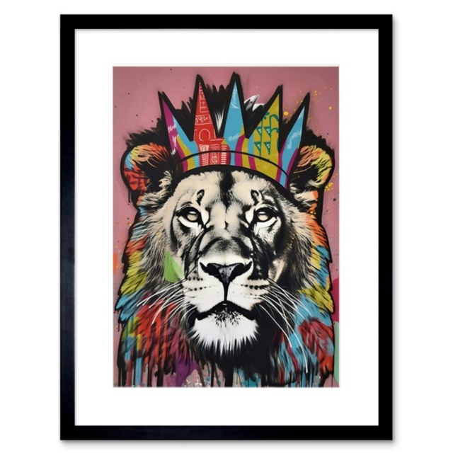 "Lion Crown King Of Jungle Modern Pop 9X7"" Black Framed Wall Art Print ...