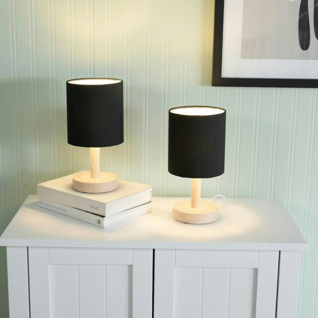 ValueLights Nelly Pair of Black Shade with Wooden Base Bedside Table ...