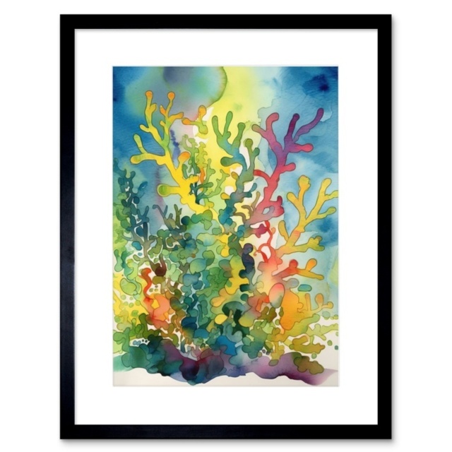 "Colourful Staghorn Coral Reef Watercolour Sea Life 9X7"" Black Framed ...